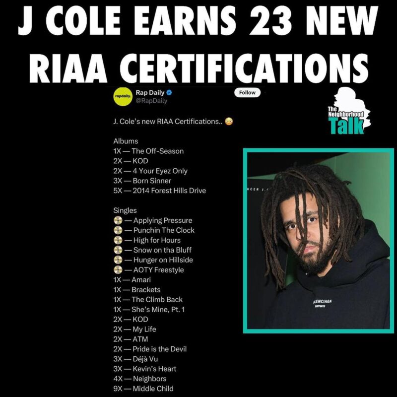 J. Cole Earns Multiple RIAA Certifications